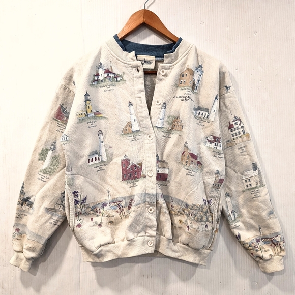 Vintage | Sweaters | Vintage 9s Artisans Lighthouse Print Nautical ...